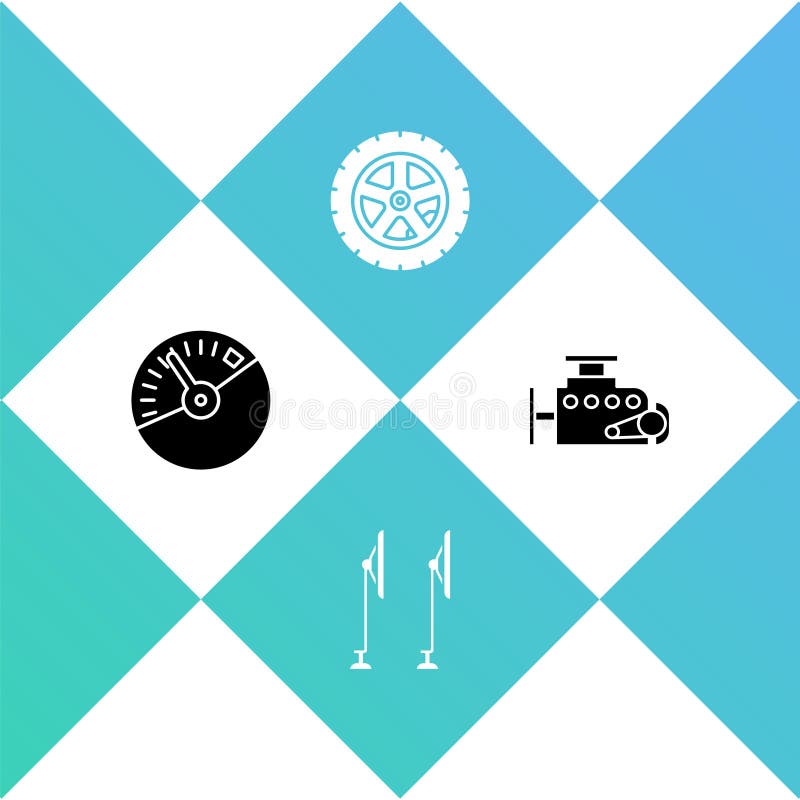 Set Speedometer, Windscreen Wiper, Car Wheel and Engine Icon. Vector ...