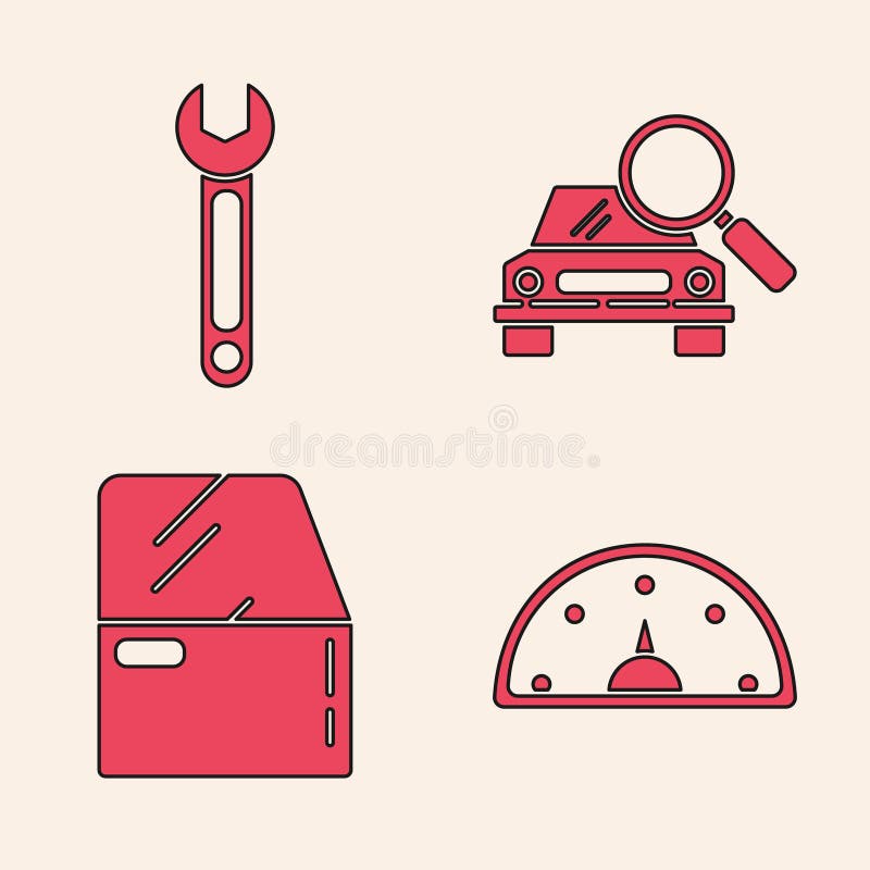 Set Speedometer, Wrench, Car Search and Car Door Icon. Vector Stock ... Set Speedometer, Wrench, Car Search and Car Door Icon. Vector Stock ...