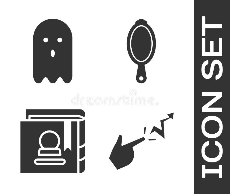 Set Spell, Ghost, Ancient Magic Book and Magic Hand Mirror Icon. Vector ...