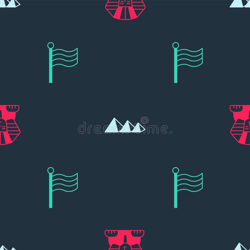 Set Sphinx, Egypt Pyramids and Flag of on Seamless Pattern. Vector ...