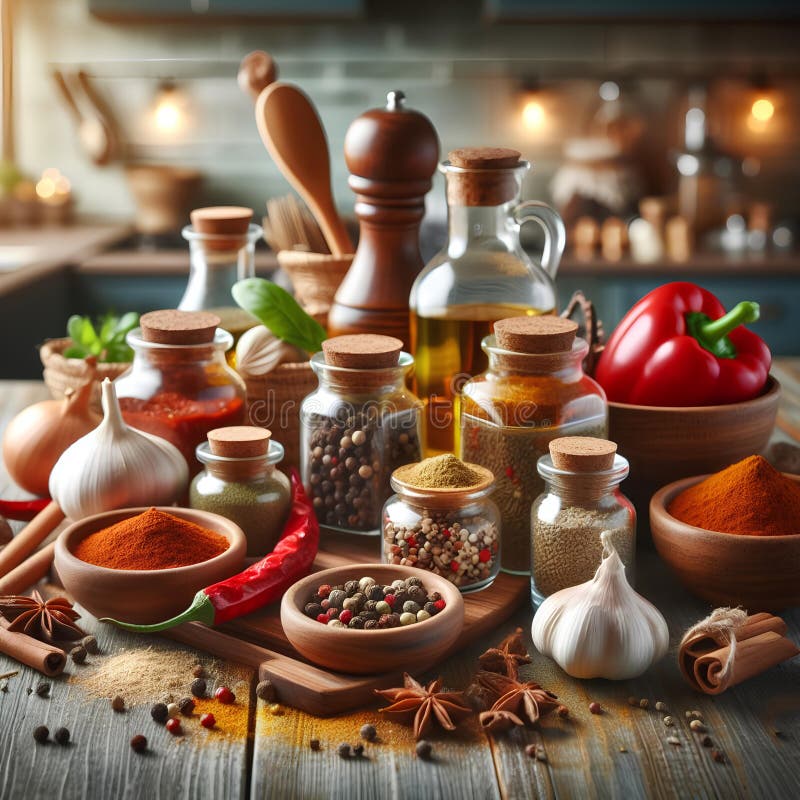 Set of Spices for Cooking on Blurred Kitchen Background Stock ...