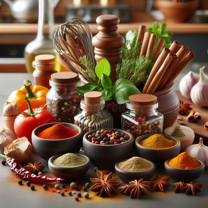 Set of Spices for Cooking on Blurred Kitchen Background Stock ...