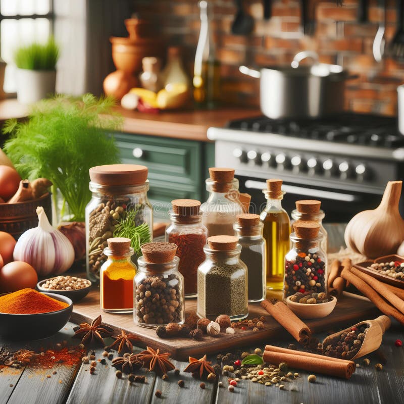 Set of Spices for Cooking on Blurred Kitchen Background Stock ...
