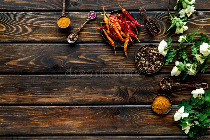 Set of Spices and Herbs for Cooking in Metal Spoons and Bowls, Top View ... Set of Spices and Herbs for Cooking in Metal Spoons and Bowls, Top View ...