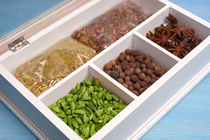 Set of Spices in a Wooden Box Stock Photo - Image of powder, herb: 65304330