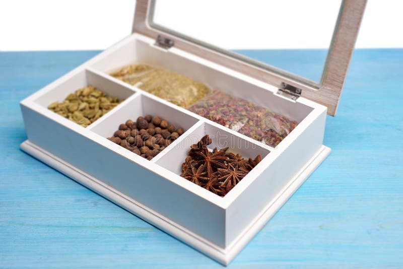 Set of Spices in a Wooden Box Stock Photo - Image of group, powder ...