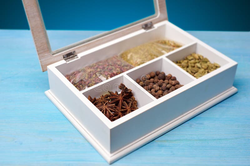 Set of Spices in a Wooden Box Stock Photo - Image of frame, seed: 65648286