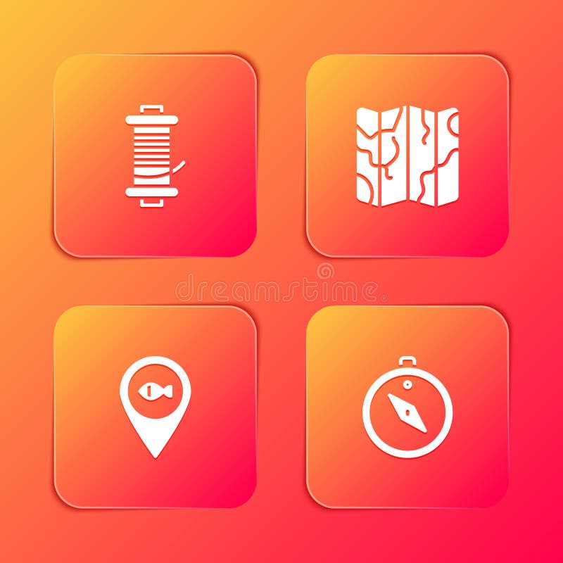 Set Spinning Reel for Fishing, Folded Map, Location and Compass Icon ...