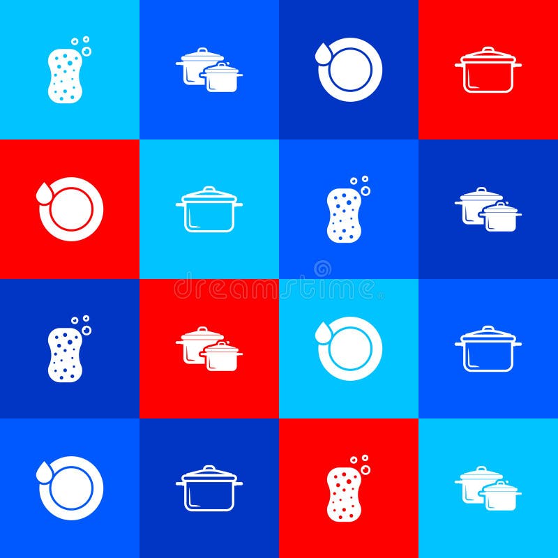 Set Sponge with Bubbles, Cooking Pot, Washing Dishes and Icon. Vector ...