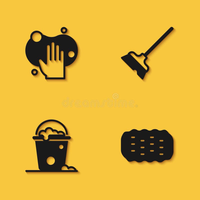 Set Sponge, Bucket with Foam and Bubbles and Mop Icon with Long Shadow ...