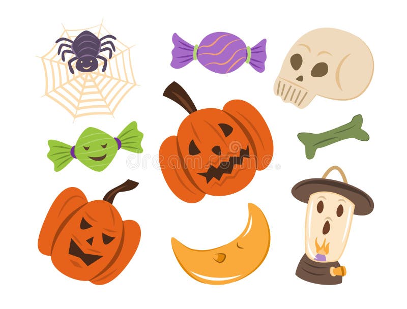 Set of Spooky Cartoon Characters and Elements for Halloween Concept ...