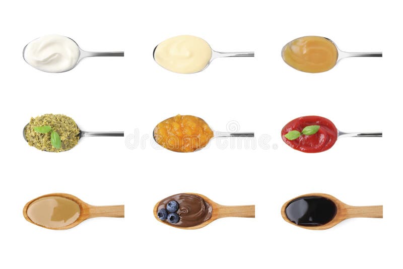 Set of Spoons with Different Food Isolated on White, Top View Stock ...