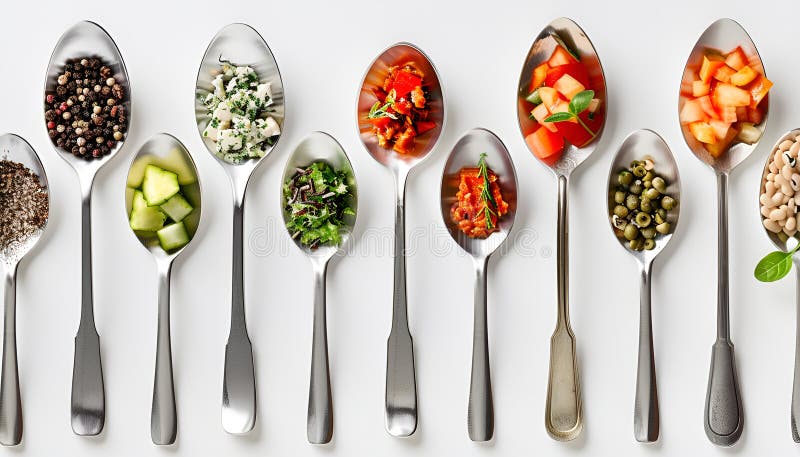 Set of Spoons with Different Food Isolated on White, Top View Stock ...