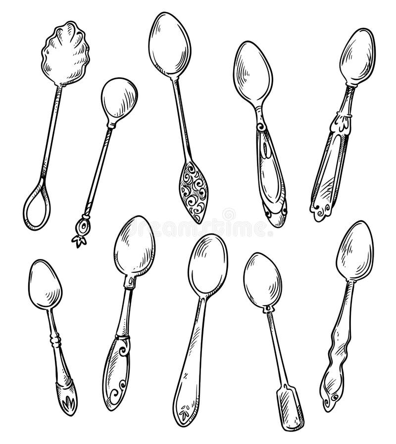 Set of Spoons, Vector Hand Drawn Illustration Stock Vector ...