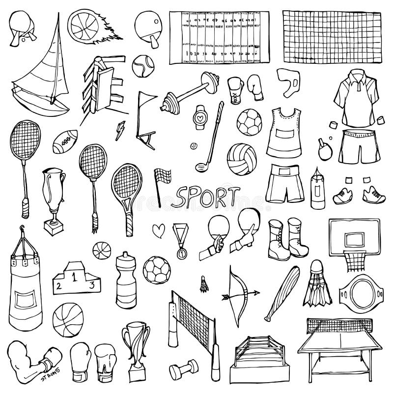 Set of Sport Drawing Illustration Hand Drawn Doodle Sketch Line Vector ...