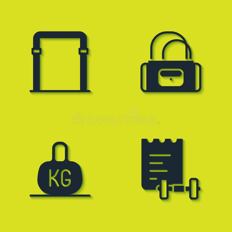 Set Sport Horizontal Bar, Training Program, Weight and Bag Icon. Vector ...