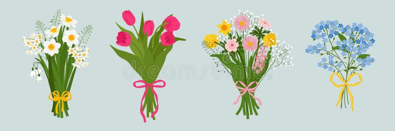 Set of Spring Bouquets. Blooming Garden Flowers. Vector Illustration in ...