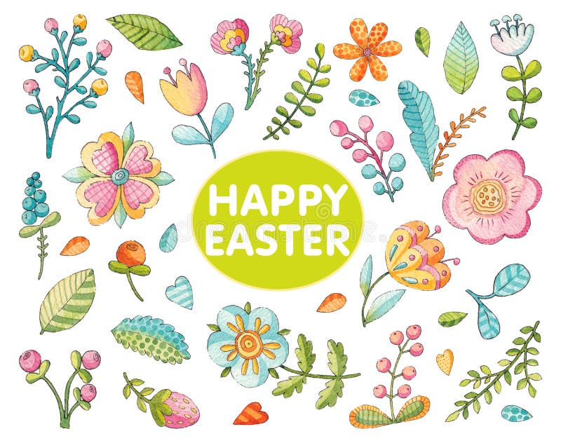 A Set of Spring Easter Elements. Watercolor Illustrations on a White ...