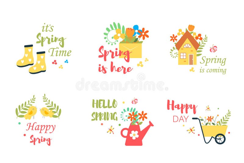 Set of Spring Labels with Lettering, Flowers, Cute Elements. Hand Drawn ...