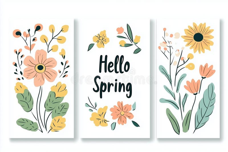 Set of Spring Posters with the Text "Hello Spring" Featuring Simple ...