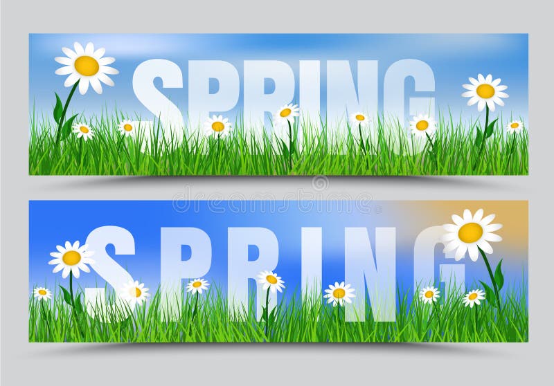 Set of Spring Web Banners with Green Grass, White Flowers Stock Vector ...