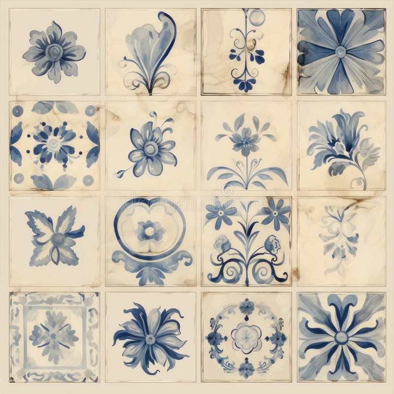 Set Square Ceramic Tiles Features Stylized Blue Flowers Leaves ...