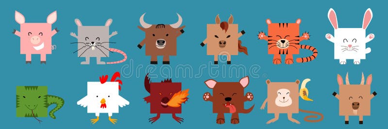 A Set of Square-shaped Chinese Zodiac Animals Stock Illustration ...