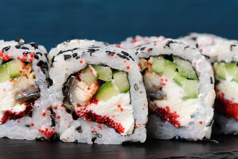Square Sushi Rolls with White Fish, Vegs, Cream Cheese and Orang Stock ...