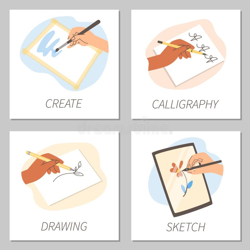 Set of Squared Banners with Human Hands Holding Brushes and Pencils ...