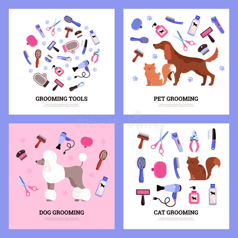 Set of Squared Banners about Pet Grooming Flat Style Stock Illustration ...