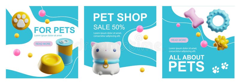 Set of Squared Banners about Pets 3D Style, Vector Illustration Stock ...