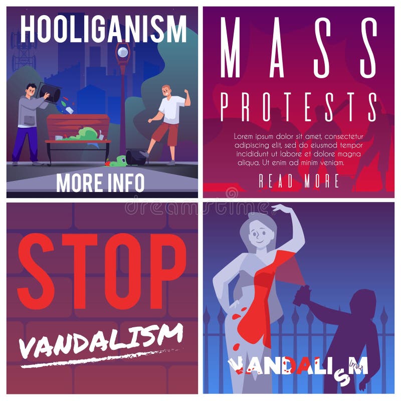 Set of Squared Banners about Vandalism Flat Style, Vector Illustration ...
