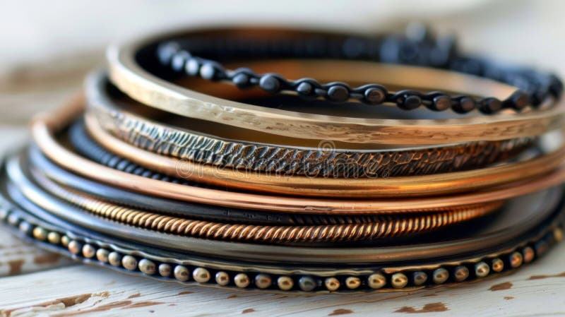 A Set of Stacked Bangle Bracelets in Different Metals and Textures ...