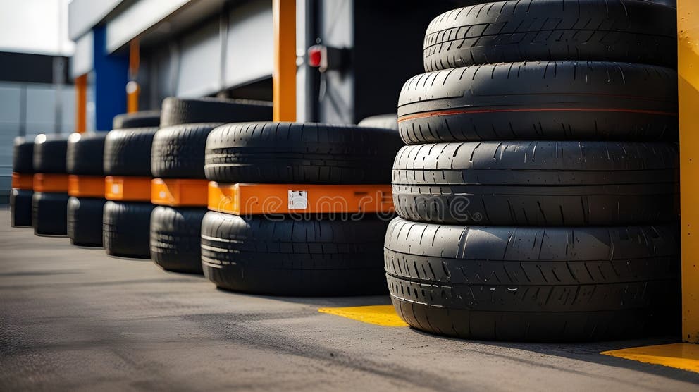A Set of Stacked Racing Tires in the Pit Lane Stock Illustration ...