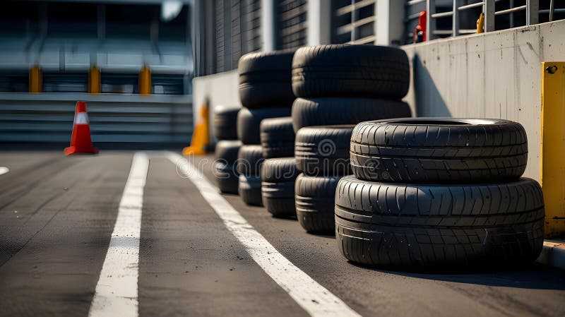 A Set of Stacked Racing Tires in the Pit Lane Stock Illustration ...