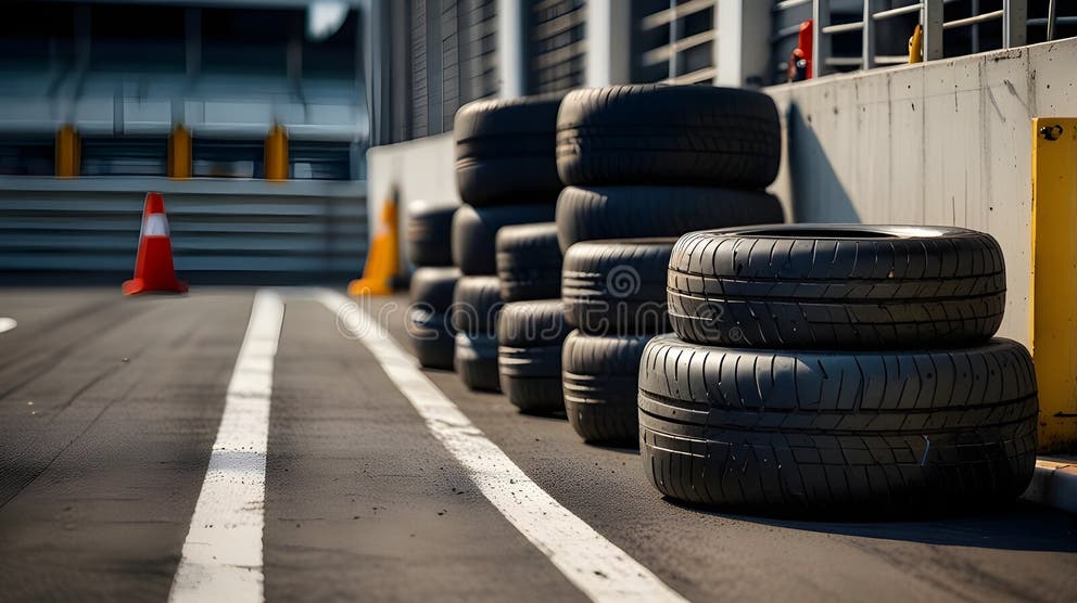A Set of Stacked Racing Tires in the Pit Lane Stock Illustration ...