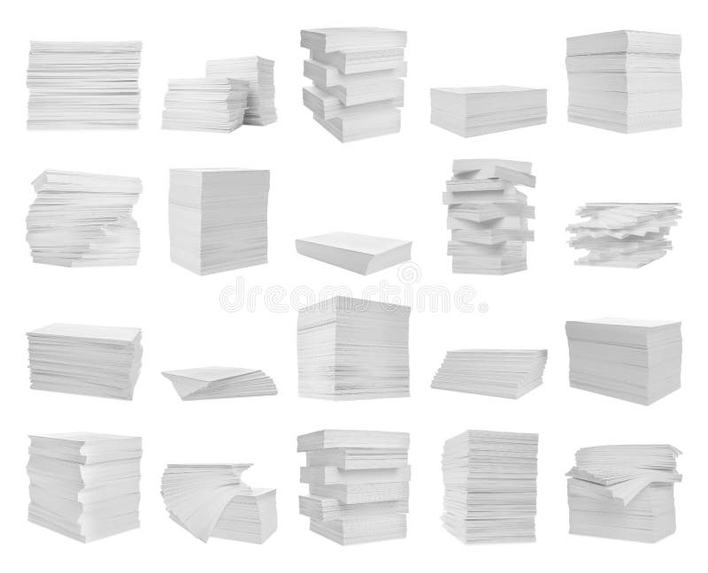 Set with Stacks of Blank Paper on White Background Stock Photo - Image ...