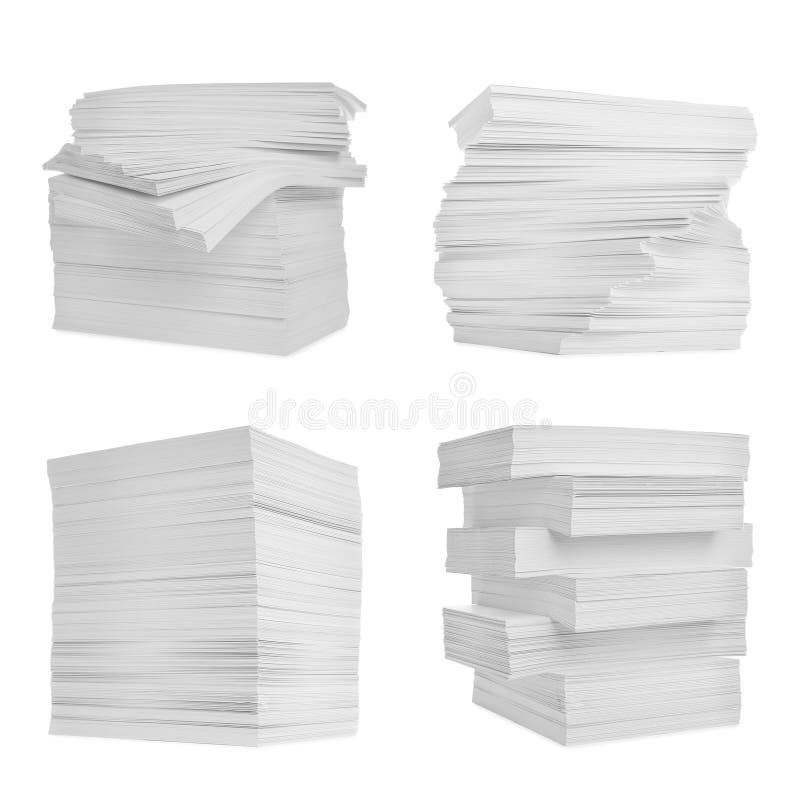 Set with Stacks of Blank Paper on White Background Stock Photo - Image ...