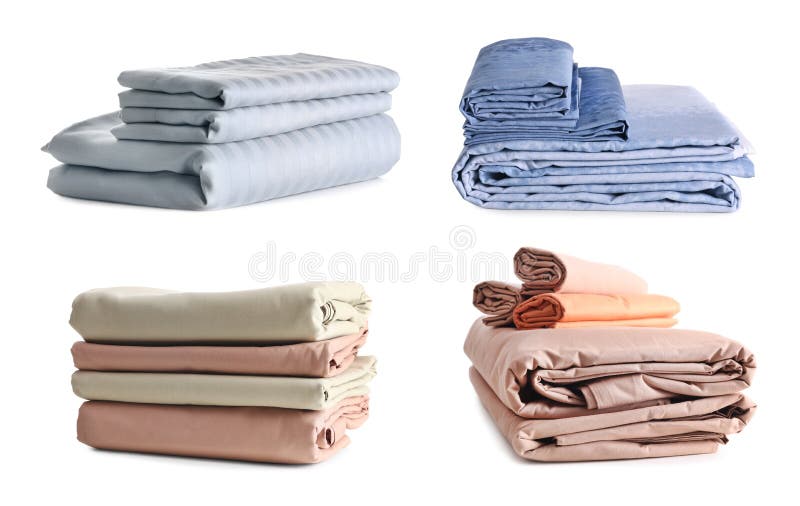 Set with Stacks of Clean Bed Linen on White Background Stock Image ...