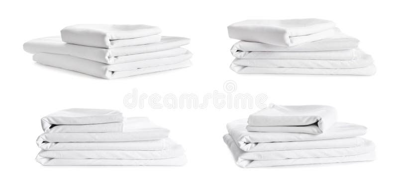 Set with Stacks of Clean Bed Linen on White Background. Banner Design ...