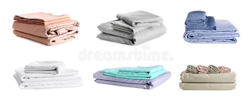 Set with Stacks of Clean Bed Linen on White Background. Banner Design ...