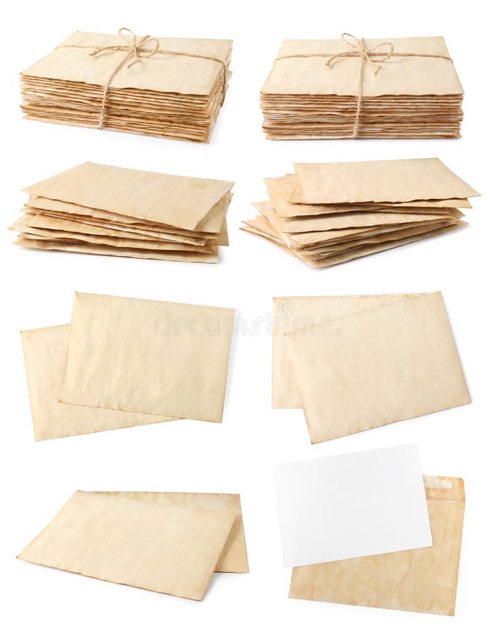 Set with Stacks of Old Letters on White Background Stock Photo - Image ...