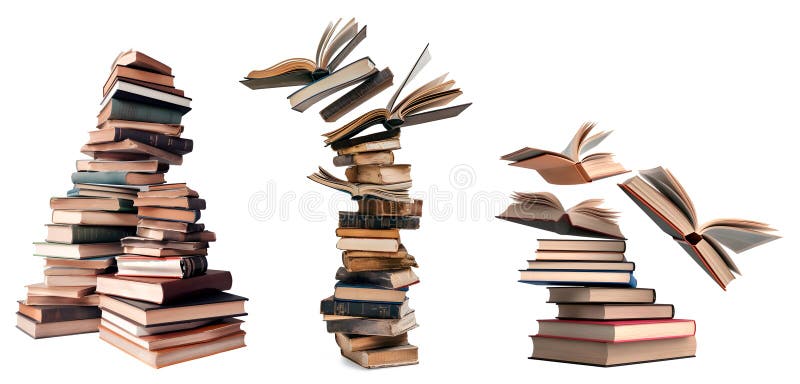 Set of Stacks of Open Books with Flying Books, Isolated on Transparent ...
