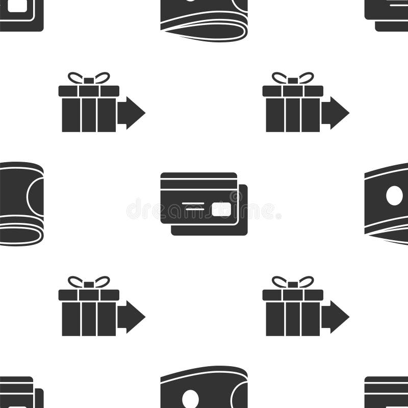 Set Stacks Paper Money Cash, Credit Card and Gift Box on Seamless ...