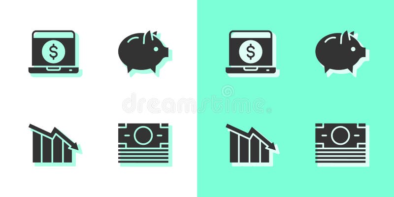 Set Stacks Paper Money Cash, Laptop with Dollar, Financial Growth Decrease and Piggy Bank Icon ...