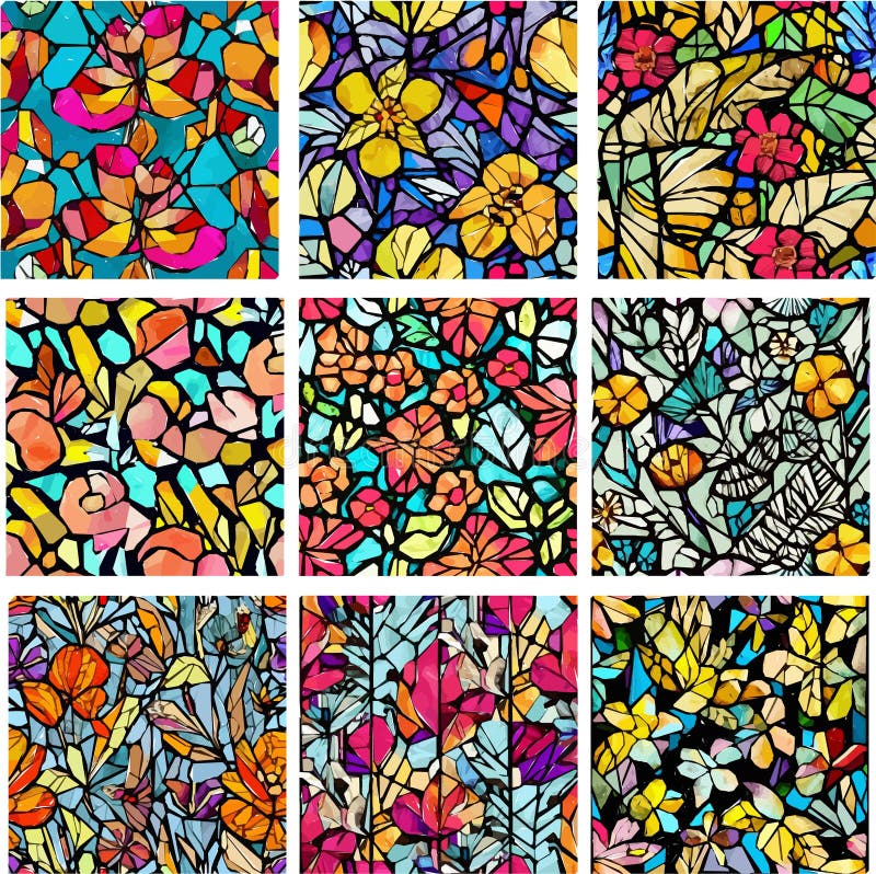 Set of Stained Glass Patterns with Flowers and Leaves. Colorful Vector ...