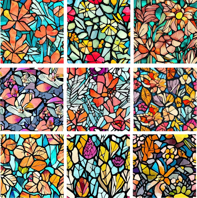 Set of Stained Glass Patterns with Flowers and Leaves. Colorful Vector ...