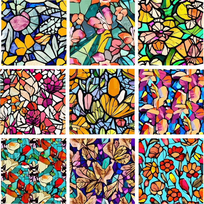 Set of Stained Glass Patterns with Flowers and Leaves. Colorful Vector ...