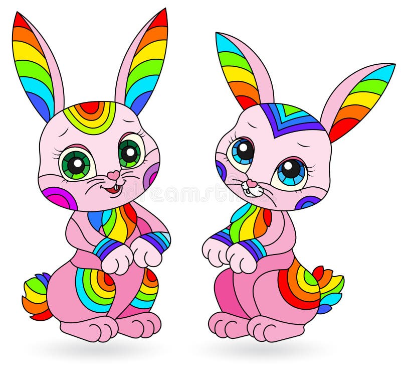 Stained Glass Illustration with Bright Cartoon Rabbits Isolated on ...