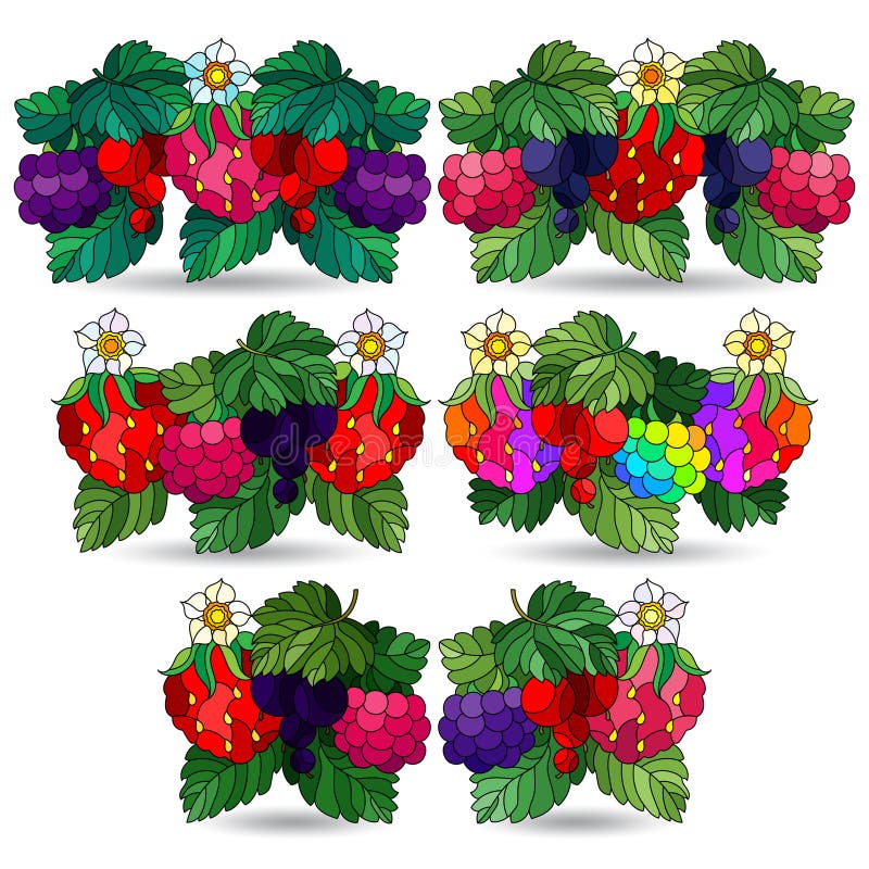 Set of Stained Glass Illustrations with Compositions of Berries and ...